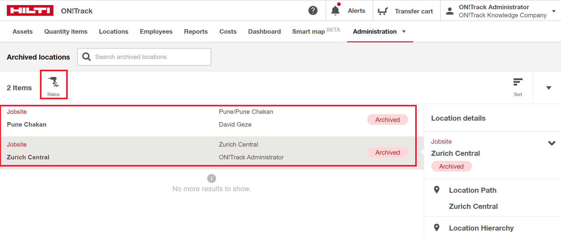 Understanding archived locations and changing their status – Hilti ON ...