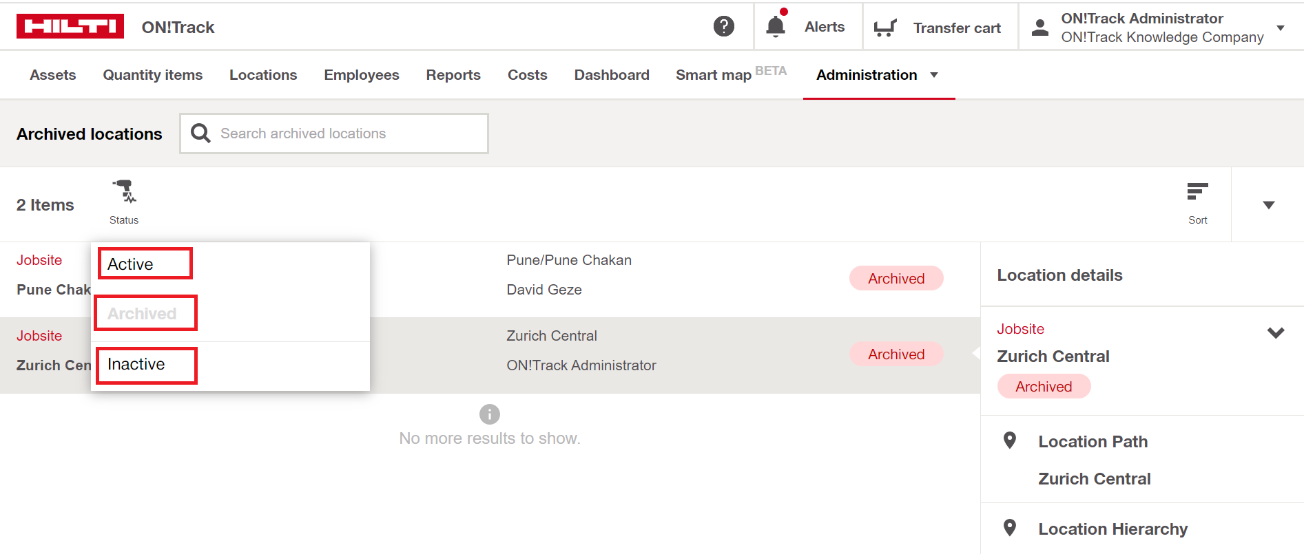 Understanding archived locations and changing their status – Hilti ON ...