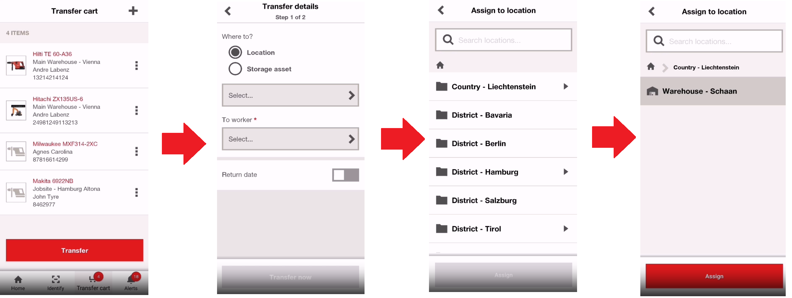 How to transfer assets on the mobile app via Transfer Cart? – Hilti ON ...