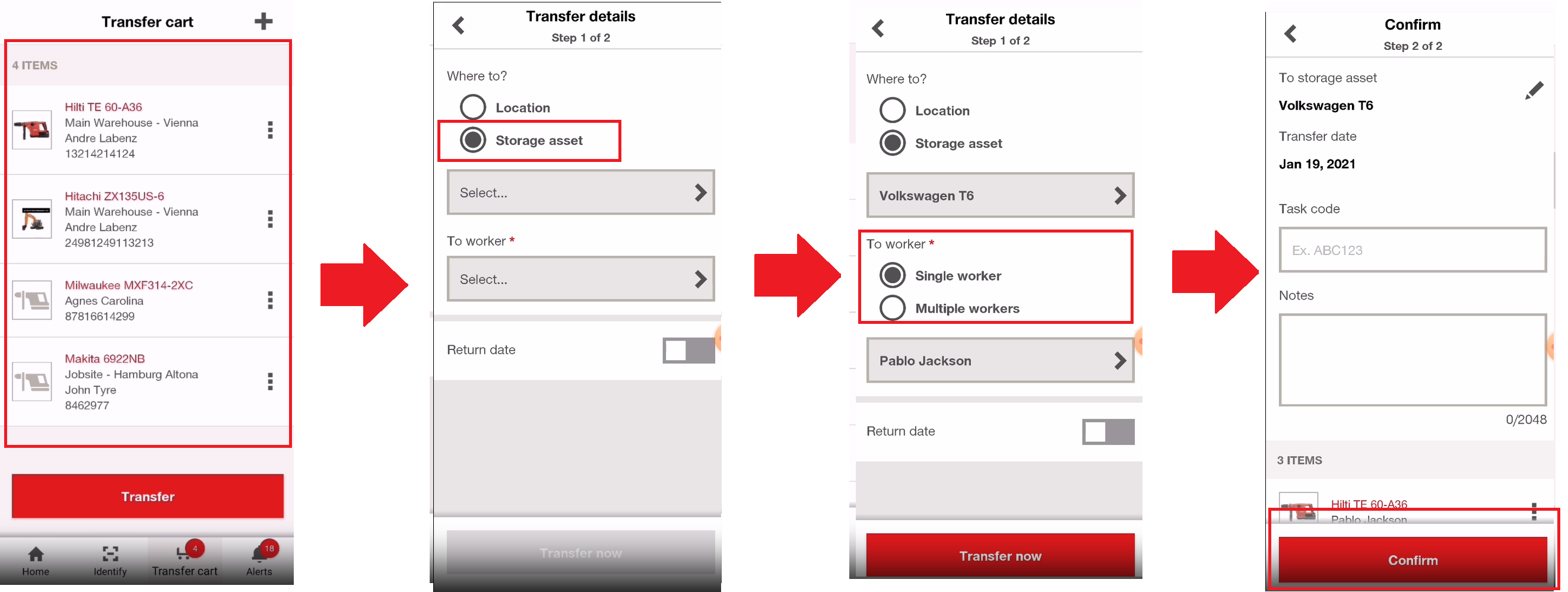 How to transfer assets on the mobile app via Transfer Cart? – Hilti ON ...