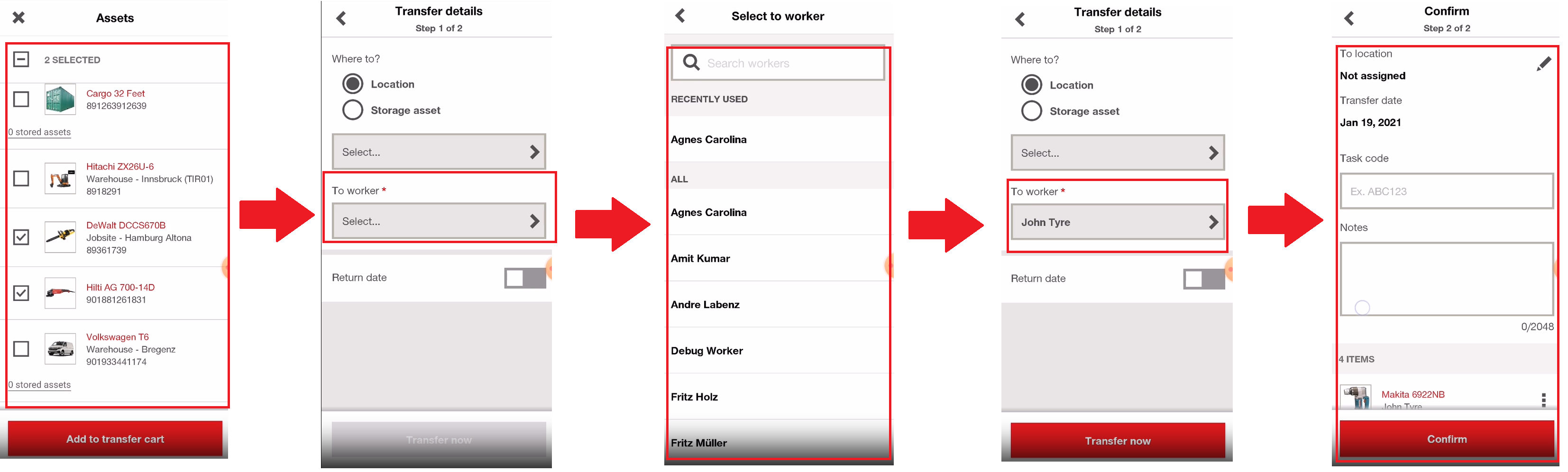 How to transfer assets on the mobile app via Transfer Cart? – Hilti ON ...