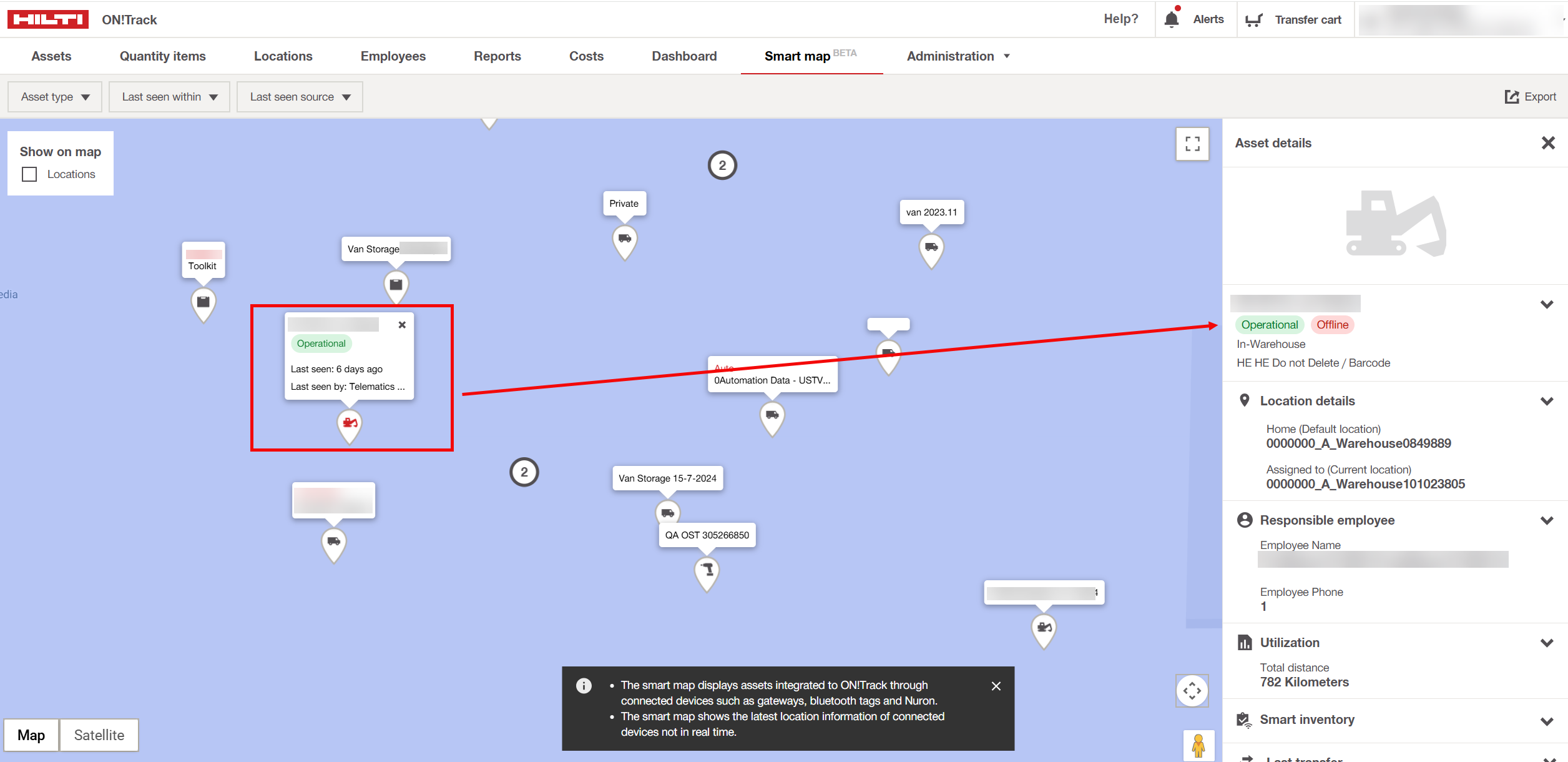How does the smart inventory feature work on the smart map – Hilti ON!Track (English)