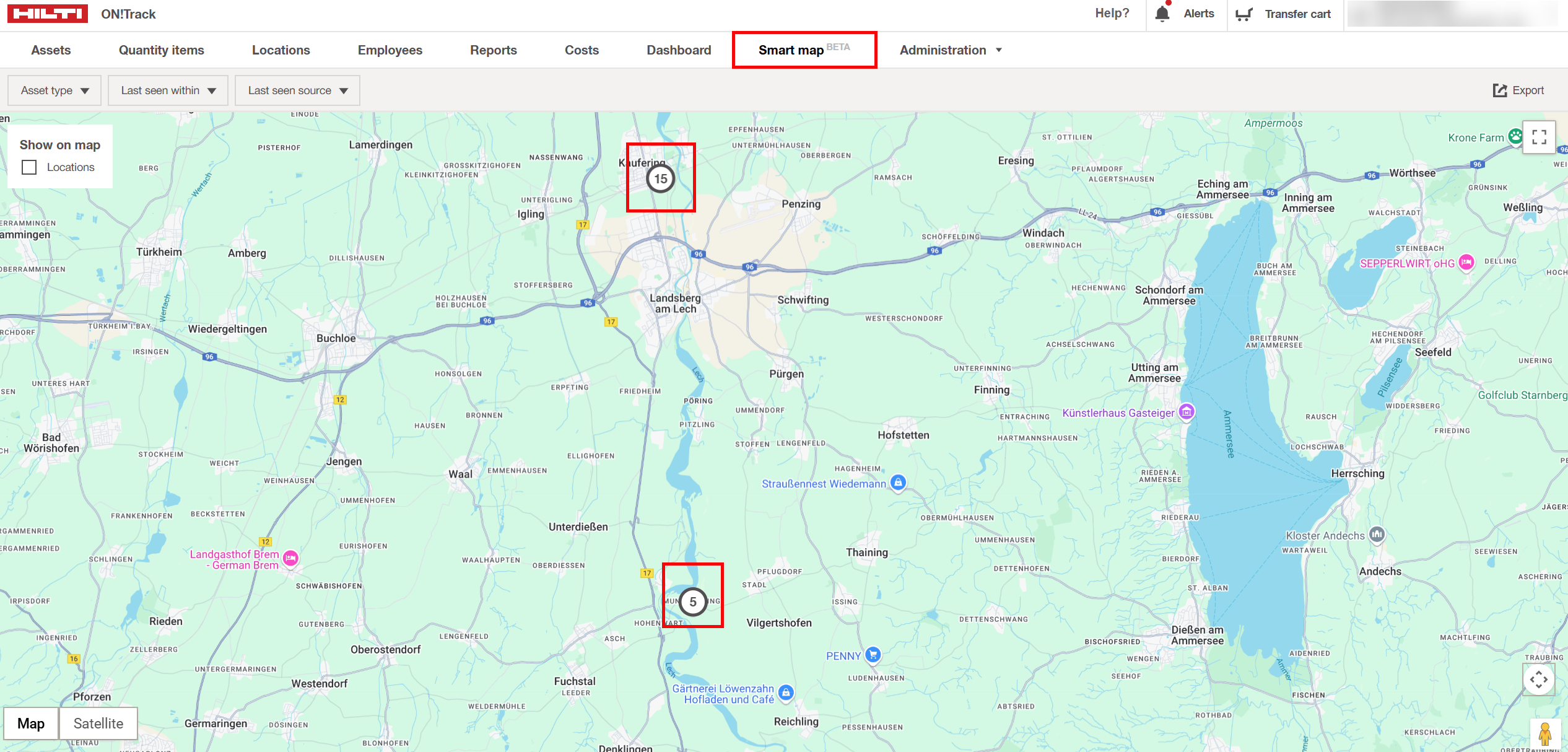 How does the smart inventory feature work on the smart map – Hilti ON!Track (English)