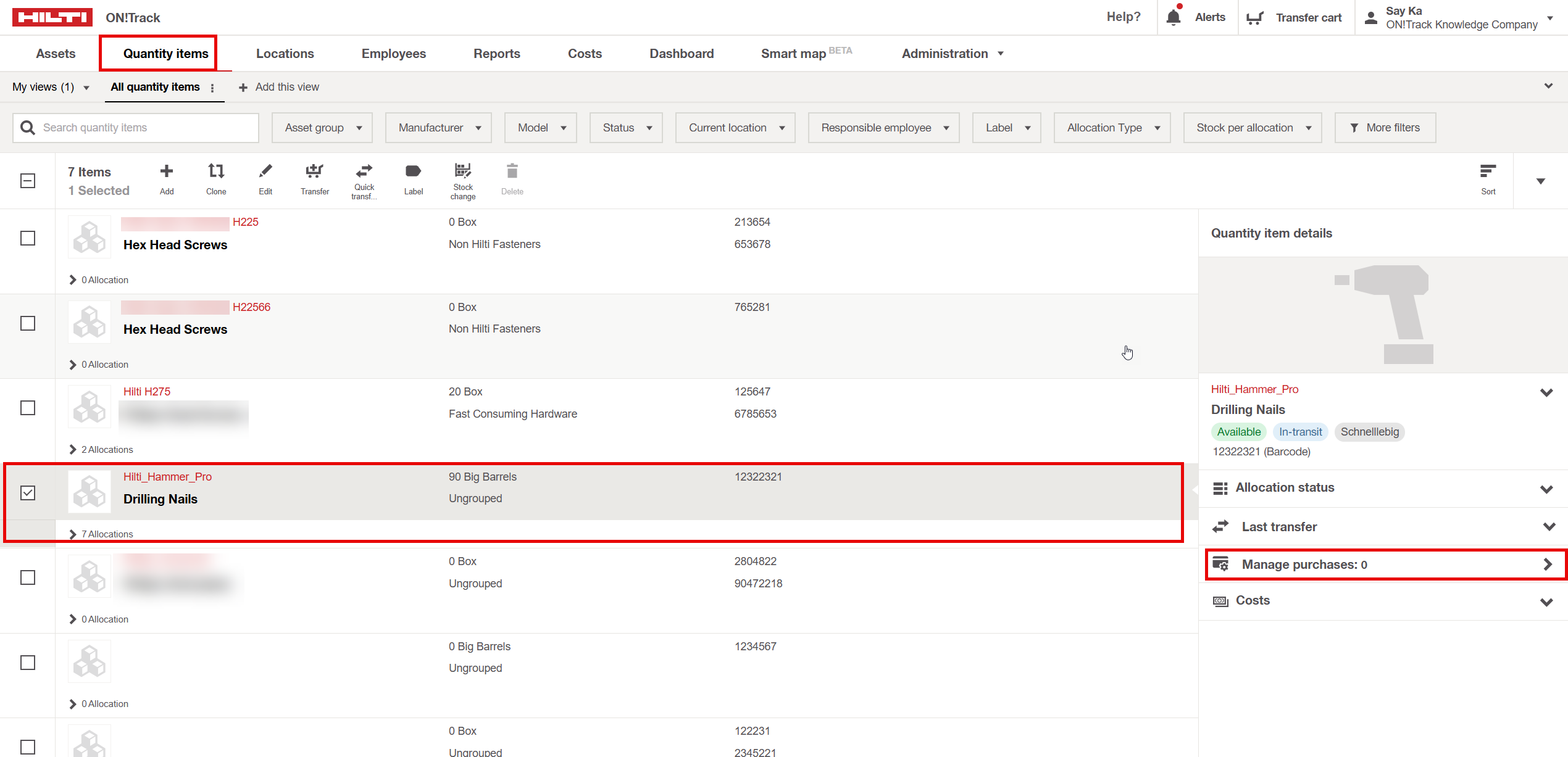 How to manage quantity items purchases – Hilti ON!Track (English)