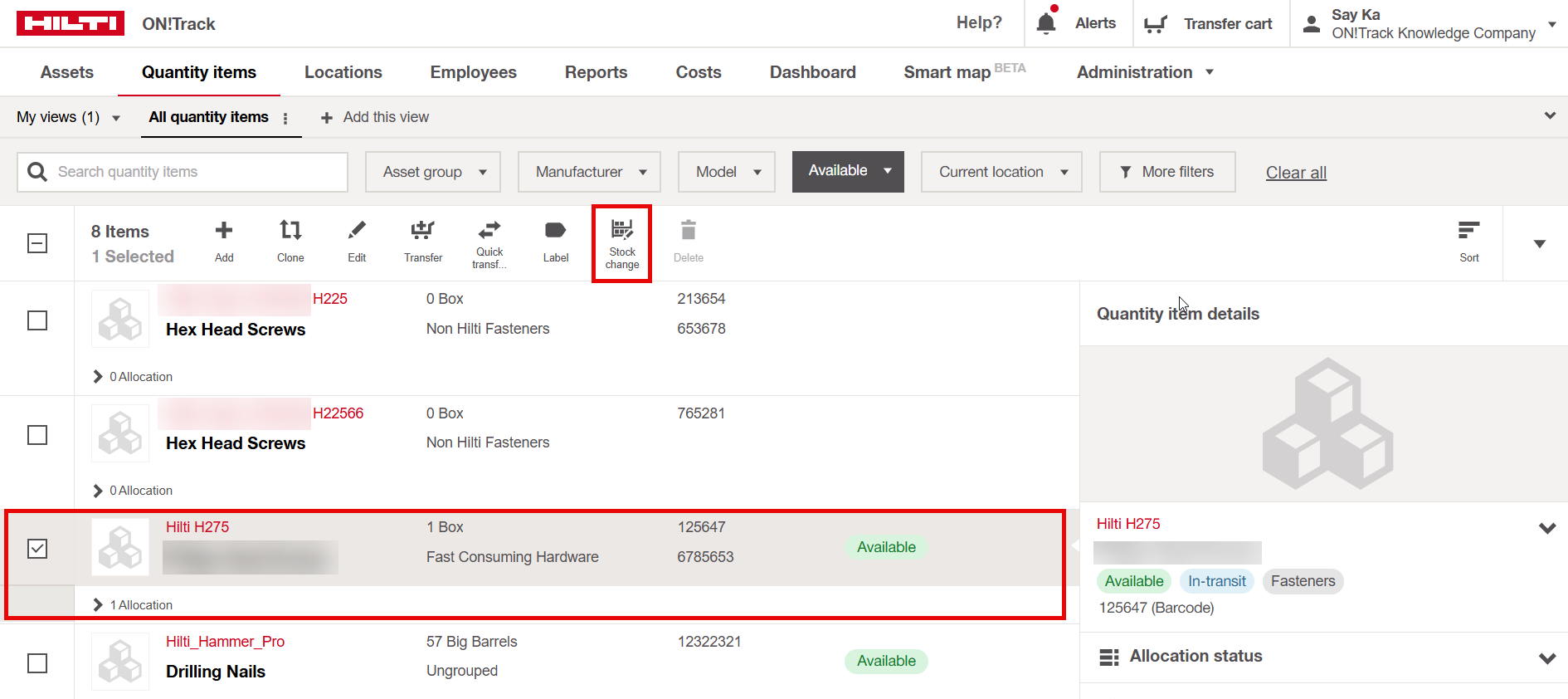 How does quantity items stock change work, and when is it useful – Hilti ON!Track (English)